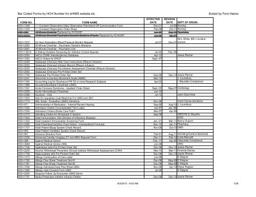 Master List of HCH Forms Currently Barcoded and - Department of ...