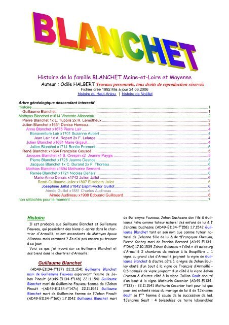 Histoire de la famille BLANCHET Maine-et-Loire et ... - Odile Halbert