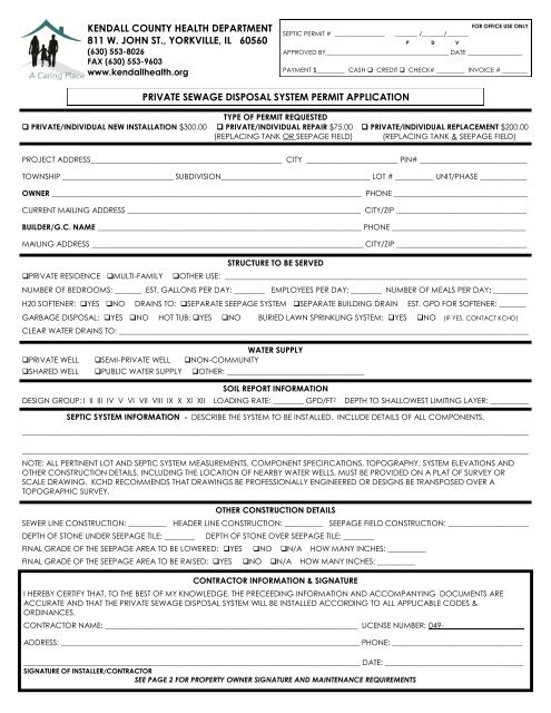 Septic Permit Application - Kendall County Health Department