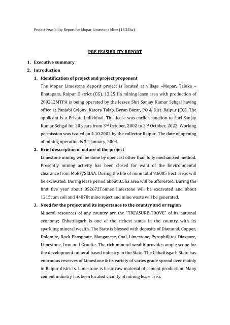 PRE FEASIBILITY REPORT 1 Executive Summary 2 Seiaacg