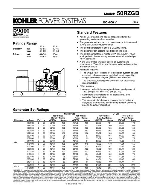 Model: 50RZGB Standard Features Ratings Range Generator Set ...