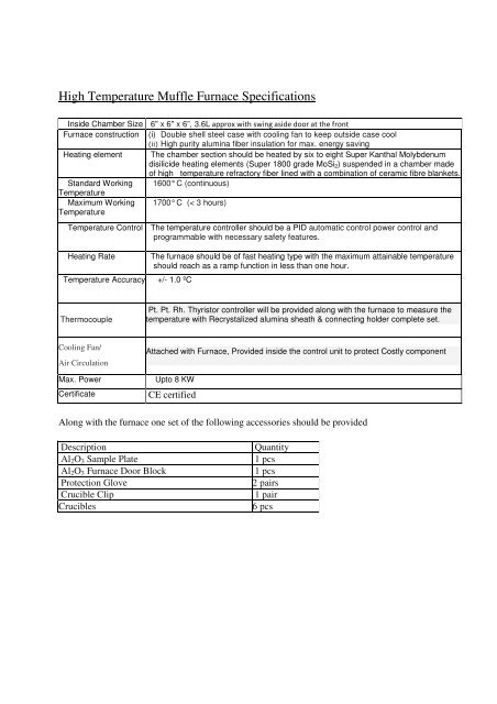 High Temperature Muffle Furnace Specifications - SBS STC Ferozepur