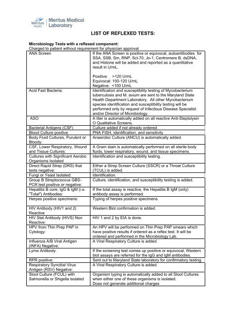 Reflex Testing List - Meritus Health