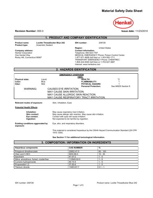 MSDS : Loctite Threadlocker Blue 242