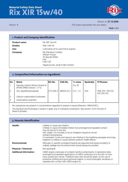 RIX XIR 15w/40 - Rix Petroleum
