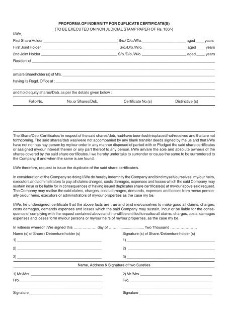 Issue Of Duplicate Share Certificate Affidavit And Indemnity