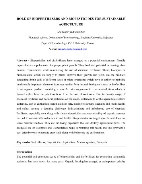 role of biofertilizers and biopesticides for sustainable agriculture