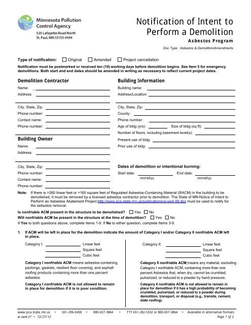 Notification of Intent to Perform a Demolition - Minnesota Pollution ...