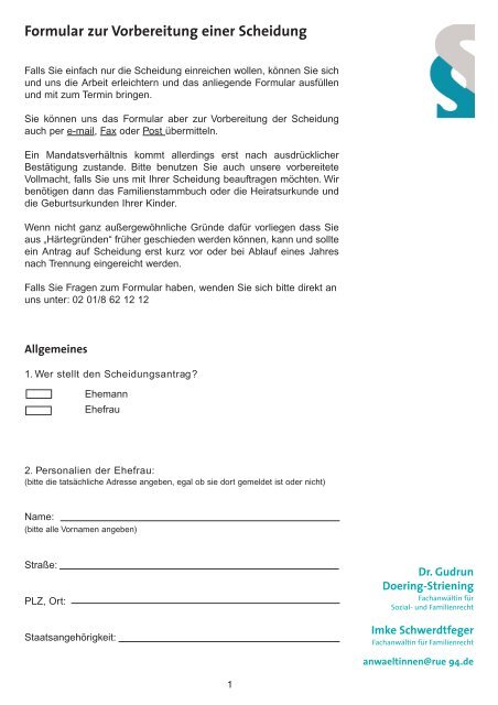 Formular zur Vorbereitung einer Scheidung - Dr. Doering-Striening ...