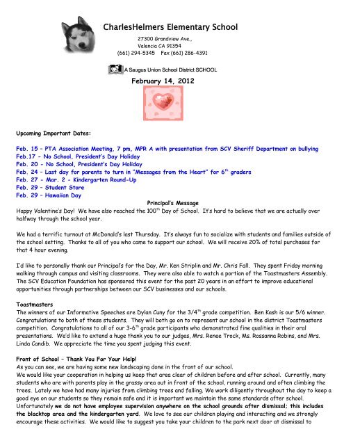 Helmers Happenings for February 14, 2012 - Charles Helmers ...