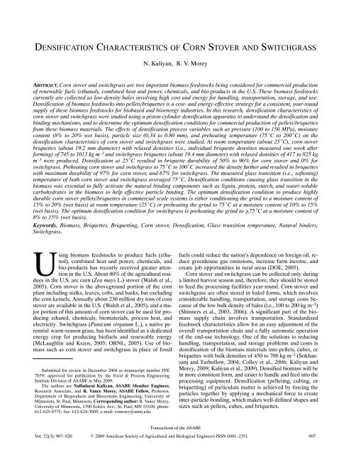 densification characteristics of corn stover and switchgrass
