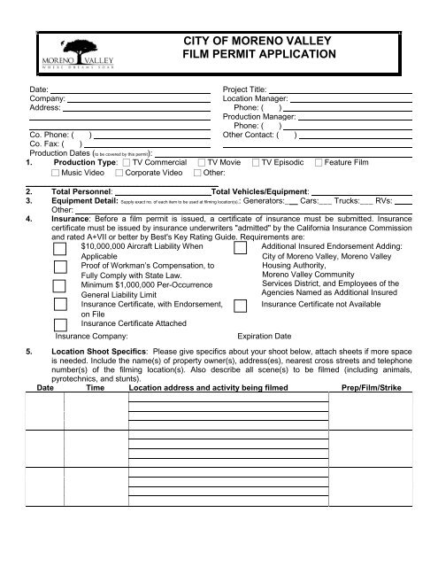 Application for Filming Permit - Moreno Valley