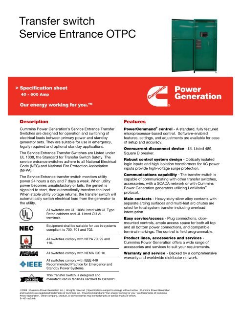 Transfer switch Service Entrance OTPC - Continental ...Cummins ...