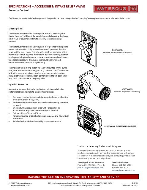 specifications â accessories: intake relief valve - Waterous