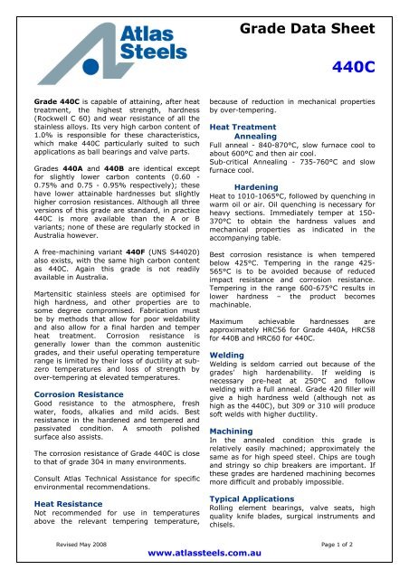 Grade Data Sheet 440C - Atlas Steels