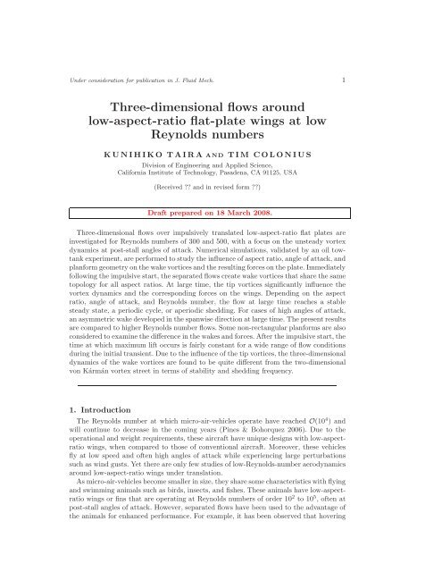Three-dimensional flows around low-aspect-ratio flat ... - Tim Colonius