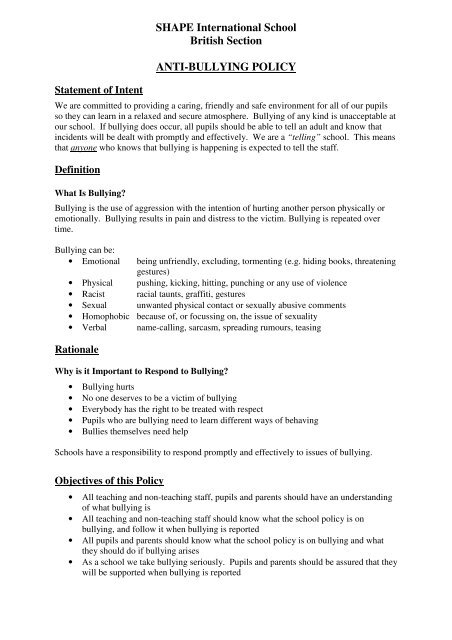 SHAPE International School British Section ANTI-BULLYING POLICY