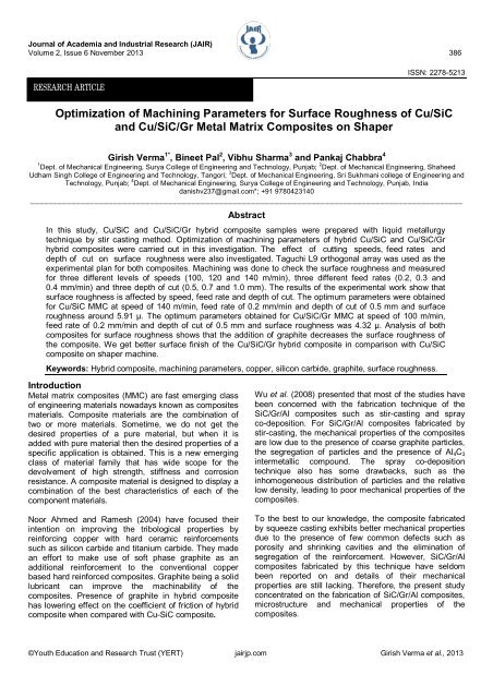 Optimization Of Machining Parameters For Surface Roughness Of Cu