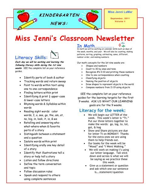 Miss Jenni's Classroom Newsletter Literacy Skills