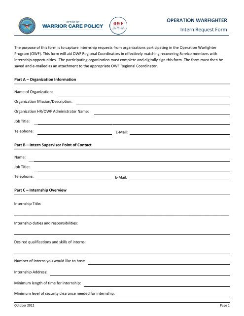 OPERATION WARFIGHTER Intern Request Form