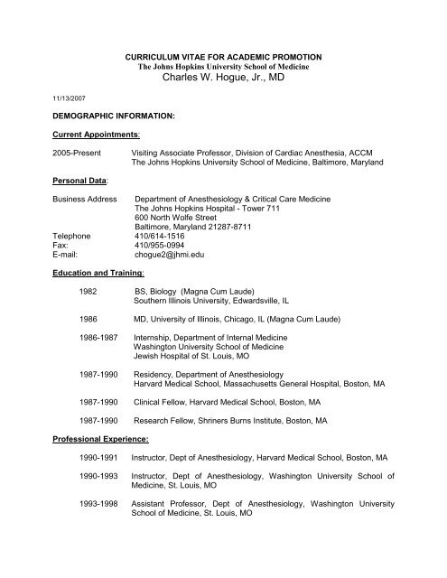 CURRICULUM VITAE - Johns Hopkins Medical Institutions