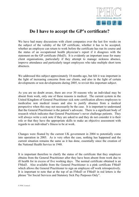 Do I have to accept the GP's certificate? - PHC Occupational Health