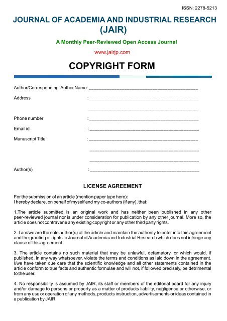 COPYRIGHT FORM - Journal of Academia and Industrial Research