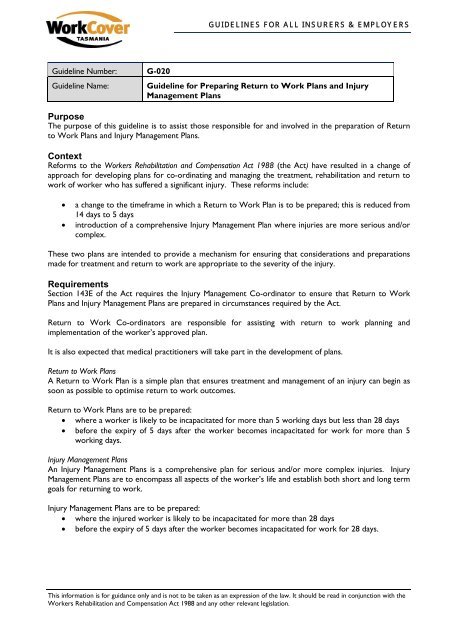 Work and Injury Management Plans