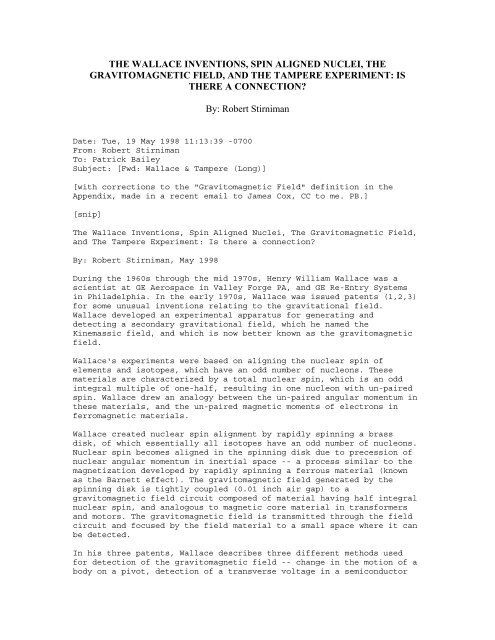 THE WALLACE INVENTIONS, SPIN ALIGNED ... - RexResearch