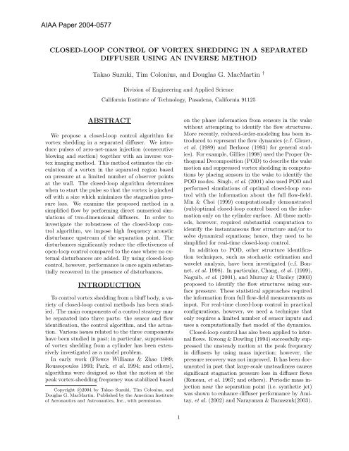 Closed-loop Control of Vortex Shedding in a ... - Tim Colonius