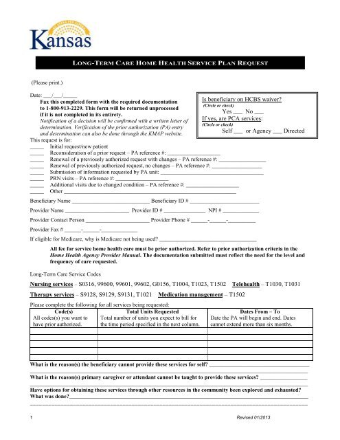 Long Term Care Home Health Service Plan Request - KMAP