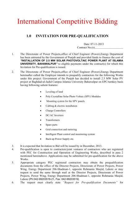 1.0 invitation for pre-qualification - Punjab