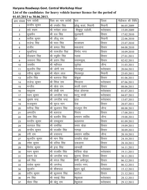 7.List of Candidates for Heavy Vehicle Learner Licence for Haryana ...