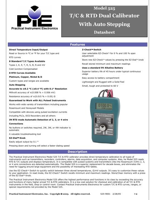 PIE 525 Temperature Calibrator Data Sheet PDF (367 KB) - Instrumart