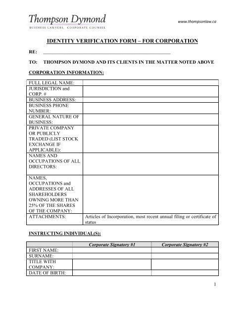 identity verification form â for corporation - Thompson Dymond