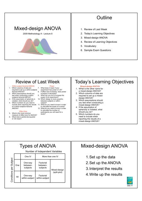Mixed-design ANOVA Outline Types of ANOVA Mixed-design ANOVA