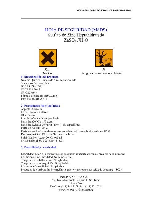 HOJA DE SEGURIDAD (MSDS) Sulfato de Zinc Heptahidratado ...