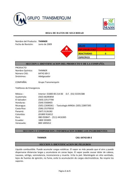 HOJA DE DATOS DE SEGURIDAD Nombre del Producto: THINNER ...