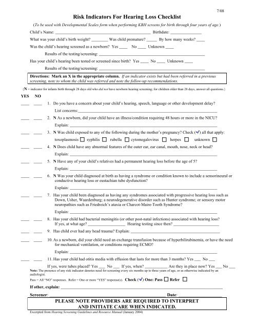 Risk Indicators For Hearing Loss Checklist - KMAP