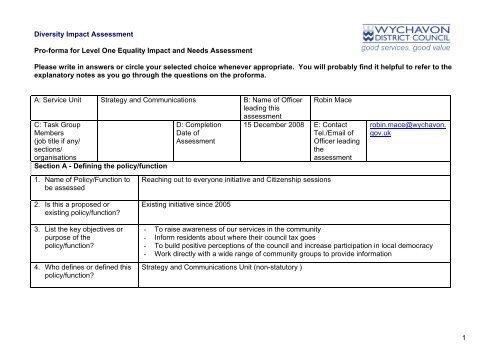 1 Diversity Impact Assessment Pro-forma for Level One Equality ...