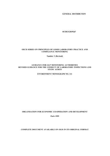 Guidance for the Conduct of Laboratory Inspections and Study Audits