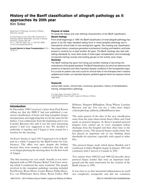 History of the Banff classification of allograft pathology as it ...