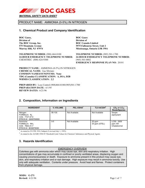 MSDS: AMMONIA (0-5%) IN NITROGEN - G271