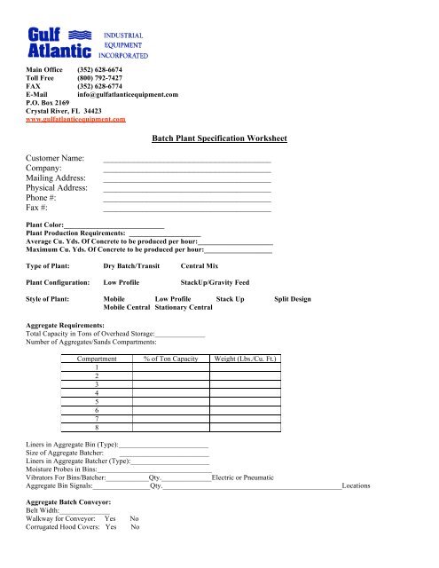 Worksheet Specifications - Concrete Batch Plants