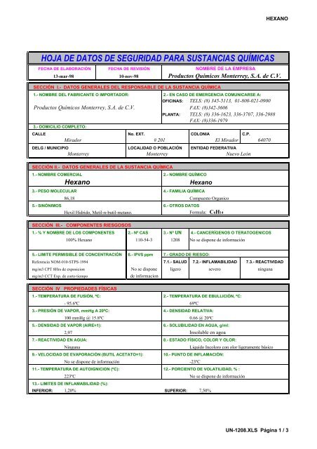 HOJA DE DATOS DE SEGURIDAD PARA SUSTANCIAS QUÃ MICAS