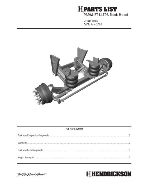 Parts List for PARALIFT ULTRA Truck Mount