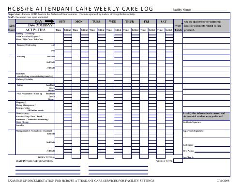 HCBS/FE ATTENDANT CARE WEEKLY CARE LOG - KMAP