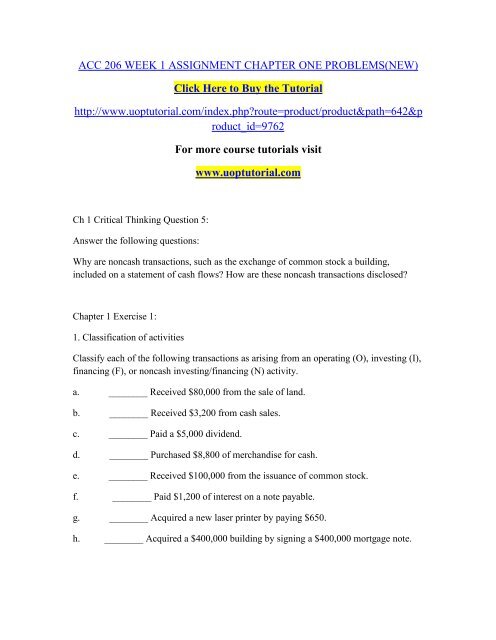 ACC 206 WEEK 1 ASSIGNMENT CHAPTER ONE PROBLEMS(NEW)/Uoptutorial