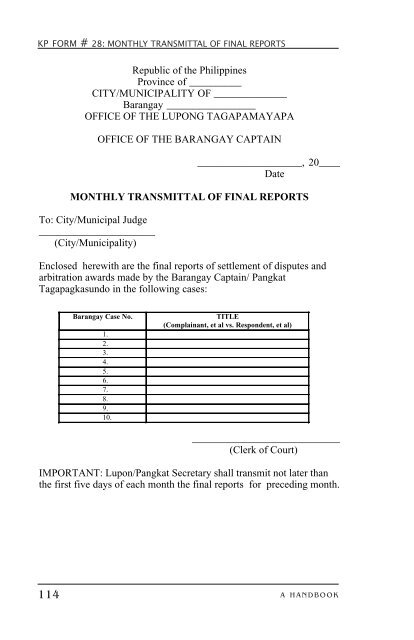 KP FORM # 28: MONTHLY TRA