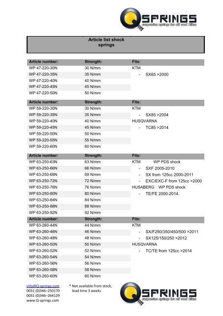 Article list shock springs